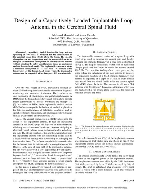 Pdf Design Of A Capacitively Loaded Implantable Loop Antenna In The Cerebral Spinal Fluid