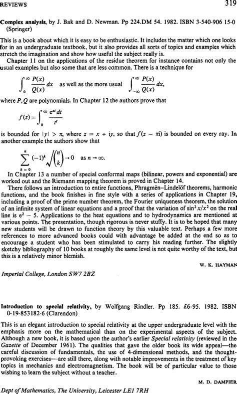Complex Analysis By J Bak And D Newman Pp 224 Dm 54 1982 Isbn 3 540 906 15 0 Springer