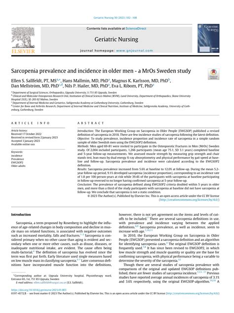 Pdf Sarcopenia Prevalence And Incidence In Older Men A Mros Sweden