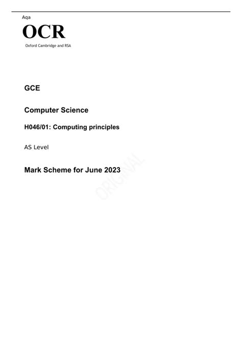 Ocr As Level Computer Science H04601 June 2023 Mark Scheme Computing