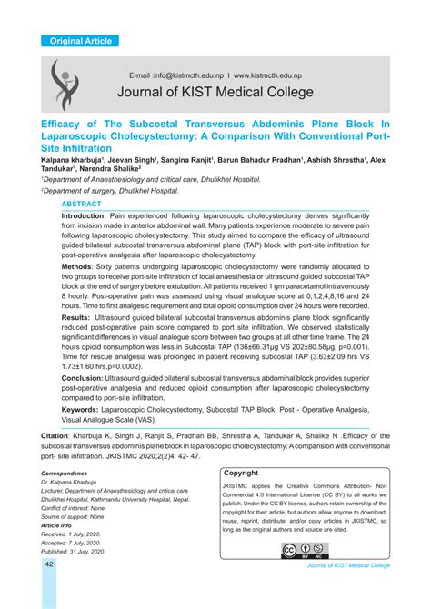 Pdf Efficacy Of The Subcostal Transversus Abdominis Plane Block In Laparoscopic