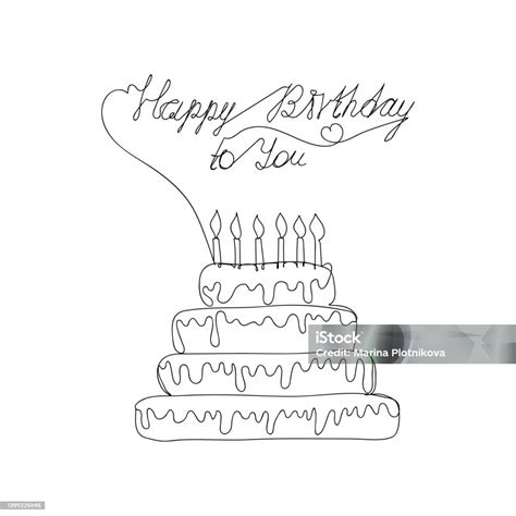 생일 축하 그림을 그리는 연속 선 케이크와 양초가있는 인사말 카드 벡터 일러스트레이션 그리기에 대한 스톡 벡터 아트 및 기타