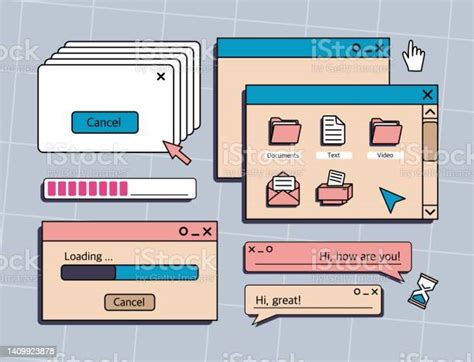 사용자 인터페이스 요소 Ui 및 Ux 테마 집합입니다 8090 년대의 증기파 스타일에서 복고풍 콜라주 창과 아이콘의 벡터 일러스트 레이 션 1990 1999 년에 대한 스톡