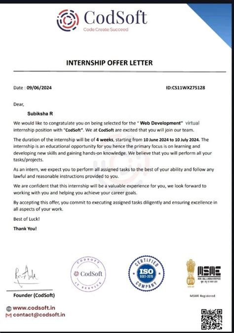 Subiksha Ramesh On Linkedin Careerupdate Webdevelopment Internship Codsoft