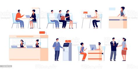 은행 고객 서비스 은행 사무실 카운터 및 클라이언트 서비스 현금 데스크 점원 Atm 전문 대출 컨설턴트 벡터 일러스트 가정의