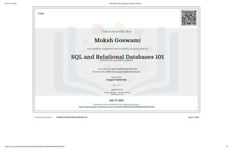 Earned Sql And Relational Databases Certificate Moksh Goswami Posted On
