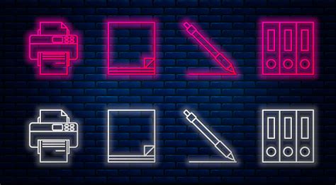 용지 및 문서로 선 파일 문서 펜 줄 프린터 및 Office 폴더를 설정합니다 벽돌 벽에 빛나는 네온 아이콘입니다 벡터 0명에 대한 스톡 벡터 아트 및 기타 이미지 Istock