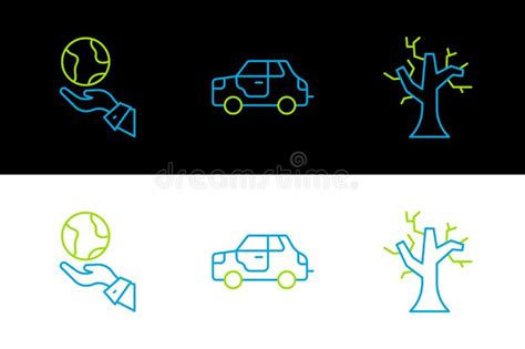 Set Line Withered Tree Hands Holding Earth Globe And Car Icon Vector