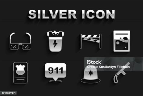 전화 전화 911 마약 비닐 봉지 경찰 고무 지휘봉 영국 경찰 헬멧 Id 케이스가 있는 배지 범죄 현장 안전 고글 안경 및 전기 충격기 아이콘을 설정합니다 벡터 가방에 대한