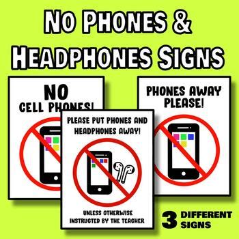 No Cellphones And Headphones Sign Classroom Rules Sign Posters