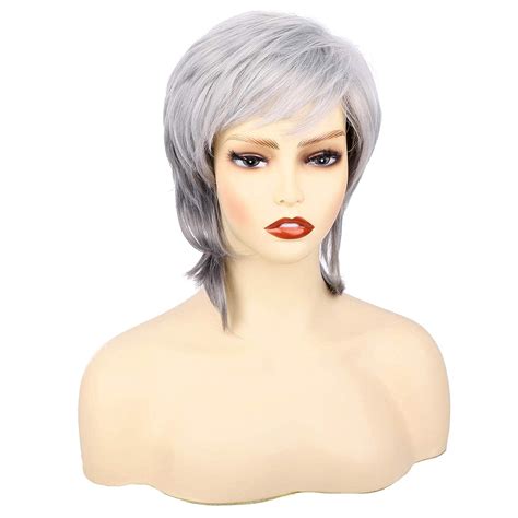 Sevencolors Short Gray Pixie Cut Wig With Bangs Silver Grey Synthetic