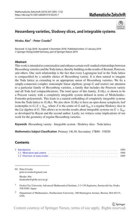 Hessenberg Varieties Slodowy Slices And Integrable Systems Request Pdf