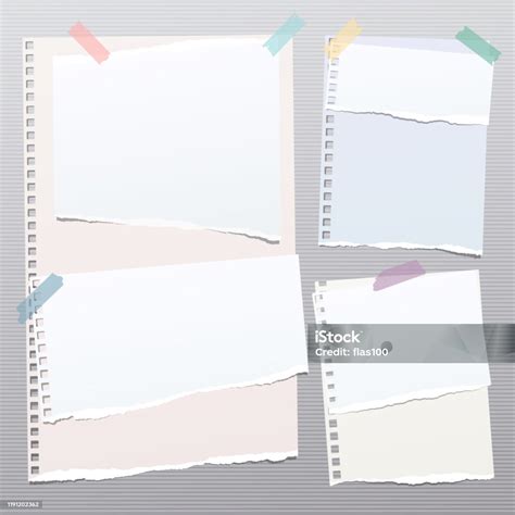 흰색과 화려한 찢어진 노트북 용지세트 찢어진 노트 종이 스트립은 줄 지어 있는 배경에 끈적 끈적한 테이프로 붙어 있습니다 벡터