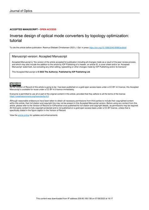 Pdf Inverse Design Of Optical Mode Converters By Topology