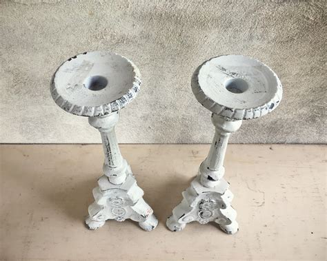 Pair Vintage 13 Whitewash Cast Iron Candle Stick Holders Centerpiece