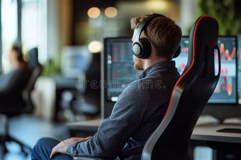 A Data Analyst Sits In A Contemporary Coworking Space Wearing