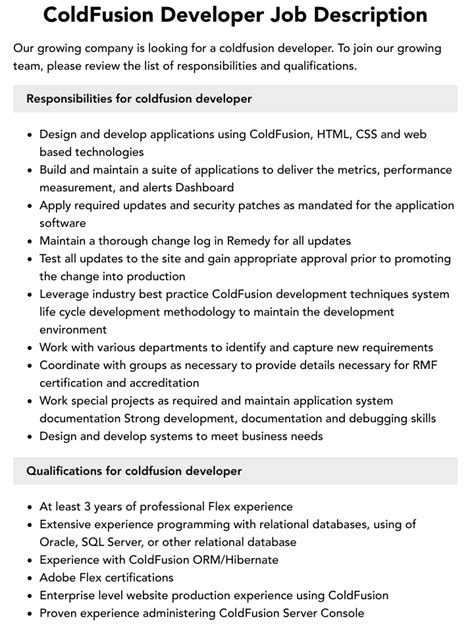 Coldfusion Developer Job Description Velvet Jobs