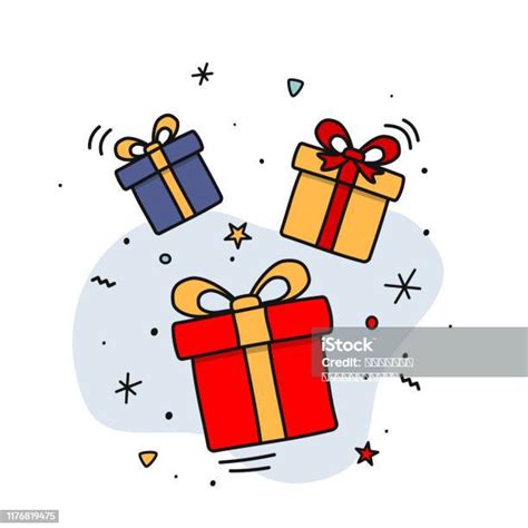 손으로 그린 만화 스타일의 활과 떨어지는 선물을 그린 다른 활과 색종이 와 낙서 선물 상자 흰색 배경에 벡터 그림입니다 공휴일에 대한 스톡 벡터 아트 및 기타 이미지