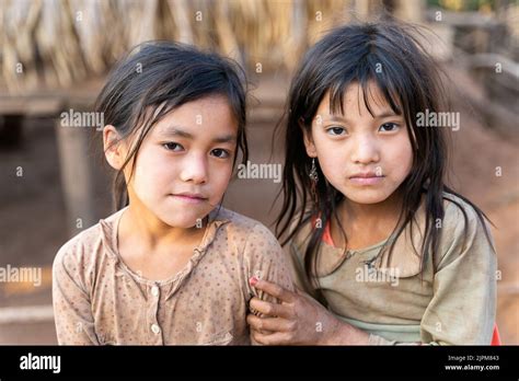 The Two Asian Girls Portrait In Luang Namtha Ethnic Village In Laos