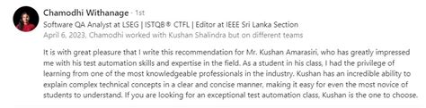 Kushan Shalindra Amarasiri On Linkedin Thanks Chamodhi Withanage For