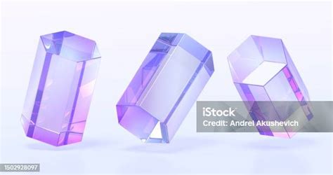 다른 각도의 유리 육각형 프리즘 보기 3d 렌더링 아이콘 세트 추상적인 그림 홀로그램 그라데이션 질감 크리스탈 무지개 개체 격리된 그래픽 요소가 있는 기하학적 모양 3차원