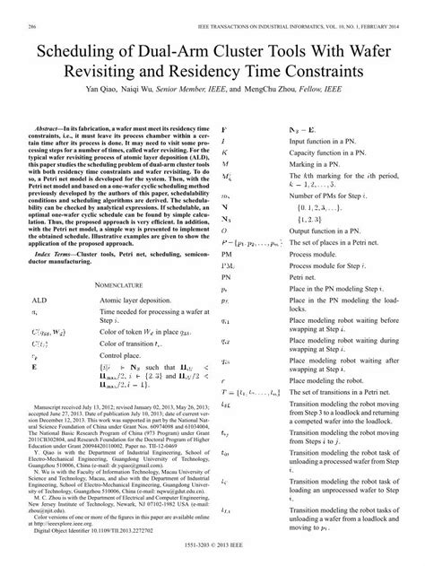Pdf Scheduling Of Dual Arm Cluster Tools With Wafer Revisiting And Residency Time Constraints