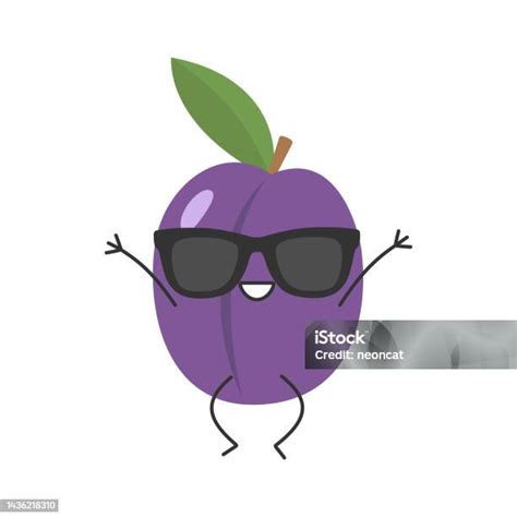 매실 점프 인사말 귀여운 캐릭터 만화 육즙이 많은 과일 웃는 얼굴 카와이 기쁨 행복 감정 아이콘 벡터 일러스트레이션 자두에 대한