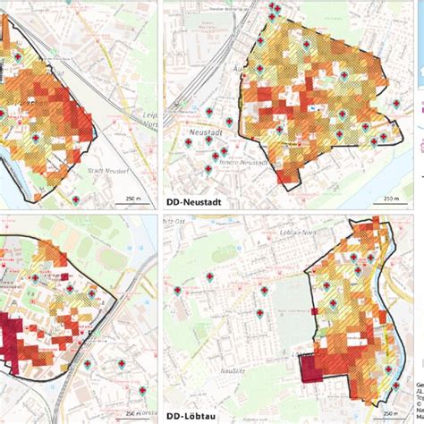grid cells showing population density and population weighted