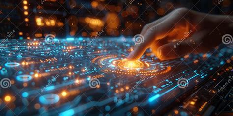 Hand Interacting With A Futuristic Digital Interface With Glowing Blue And Orange Elements Stock