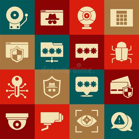 Set Exclamation Mark In Triangle Credit Card With Shield System Bug Security Camera Folder