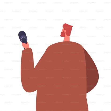 마이크 후면보기가있는 남성 캐릭터 기자 인터뷰 방문 기자 회견 또는 라이브 뉴스 보도에 대한 브리핑은 흰색 배경에 고립되어 있습니다 만화 사람들 벡터 일러스트레이션