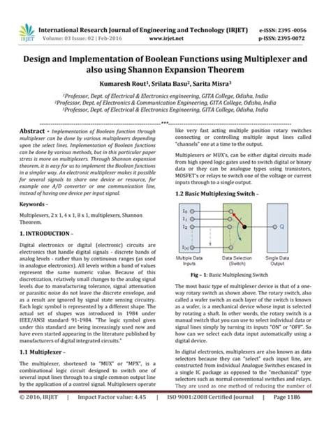 Design And Implementation Of Boolean Functions Using Multiplexer And Also Using Shannon