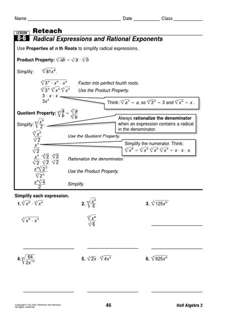 Reteach Radical Expressions And Rational Exponents Pdf Elementary Mathematics