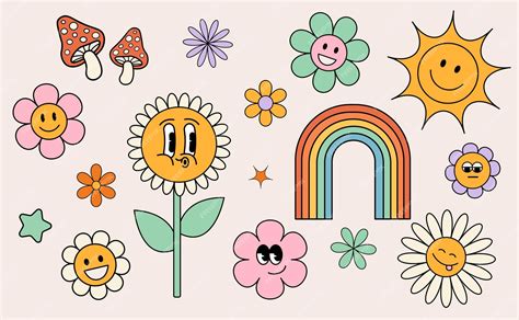 멋진 꽃 만화 캐릭터 눈과 미소를 가진 재미있는 행복한 데이지 스티커 패크 프리미엄 벡터