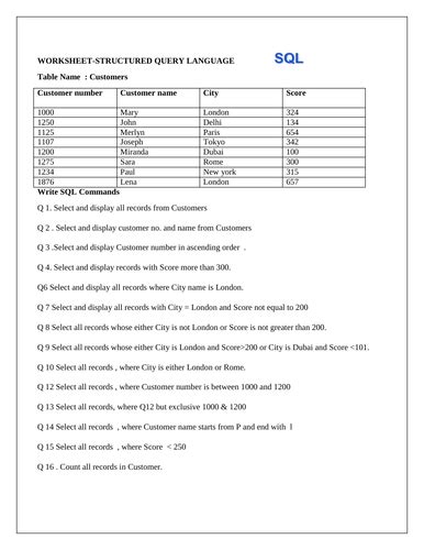 Sql Structured Query Language Worksheet Igcse O Level Teaching