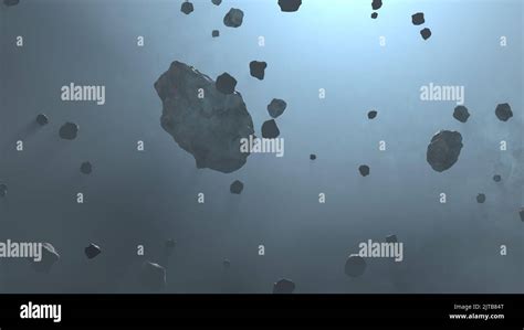 Asteroids Field Flying In Space Belt Of Large Metallic Asteroids