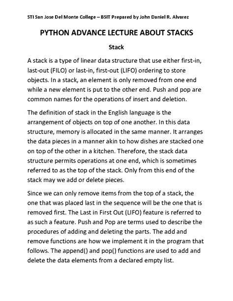 Python Advance Lecture About Stacks Python Advance Lecture About