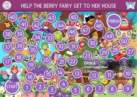 마법의 숲 배경을 가진 아이들을 위한 우드랜드 요정 주사위 보드 게임 동화 공주 보드 게임 탁상용 활동 어린이를 위한 인쇄 가능한 워크시트 베리 소녀가 집에 도착하도록