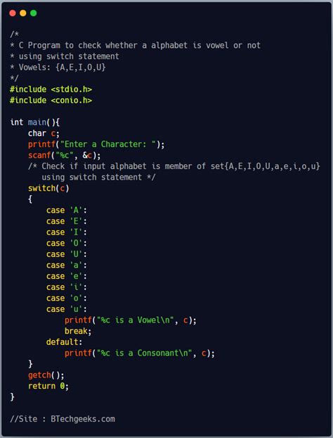 C Program To Check Whether An Alphabet Is Vowel Or Consonant Btech Geeks Artofit