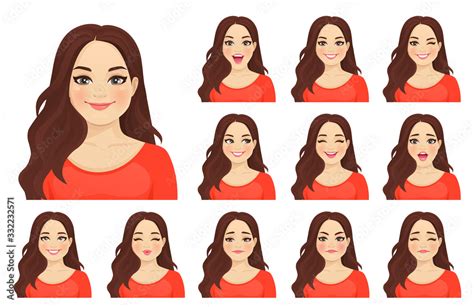 Beautiful Plus Size Woman With Different Facial Expressions Set