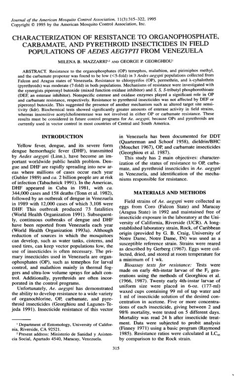Pdf Characterization Of Resistance To Organophosphate Carbamate And Pyrethroid Insecticides