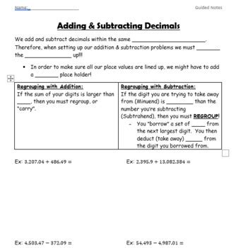 Adding And Subtracting Decimals GUIDED NOTES By Gannon S Guided Notes