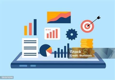 투자 수익 Roi 온라인 비즈니스 마케팅 컨셉 벡터 일러스트레이션 평면 디자인의 스마트 폰 화면에 금융 차트 데이터 분석 및 돈 재정적 이익과 소득 증가 0명에 대한 스톡