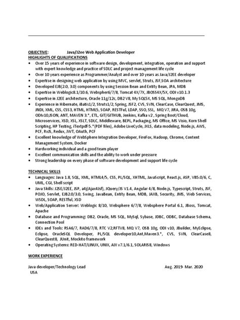 sample java resume pdf web service web application