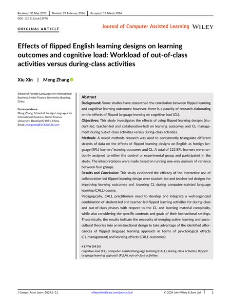 Effects Of Flipped English Learning Designs On Learning Outcomes And Cognitive Load Workload Of