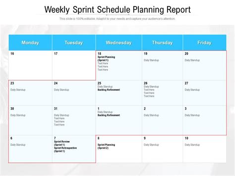 Weekly Sprint Schedule Planning Report PowerPoint Slide Clipart Example Of Great PPT