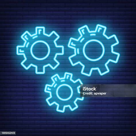 기어 네온 피니온 메커니즘 아이콘 개념 공학 물건 개체 평면 벡터 일러스트 아트 어두운 벽돌에 고립 개념에 대한 스톡 벡터 아트