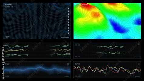 Vidéo Stock Multi panel visual display elevation map animated line graphs waveforms readouts
