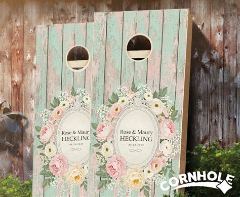 Pastel Pink And Green Floral Pearls On Planks Wedding Cornhole Boards