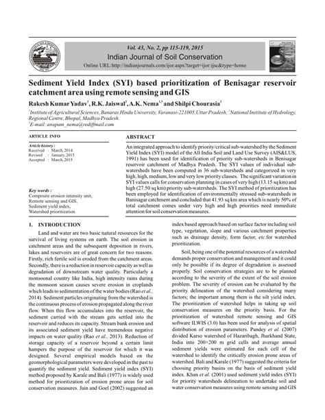 Pdf Sediment Yield Index Syi Based Prioritization Of Benisagar Reservoir Catchment Area